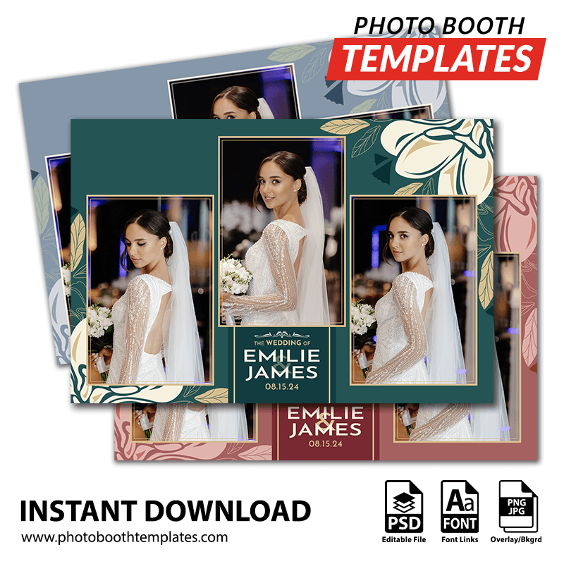 Graphic Floral Wedding 3-pose Postcard Photo Booth Templates