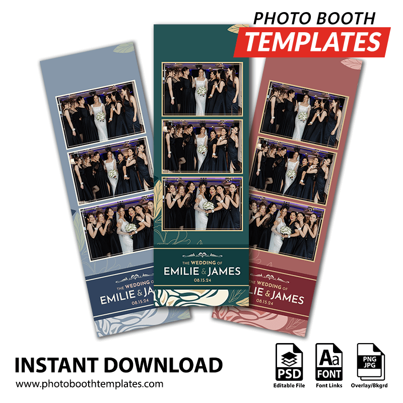 Graphic Floral Wedding 3-up Strips Photo Booth Templates
